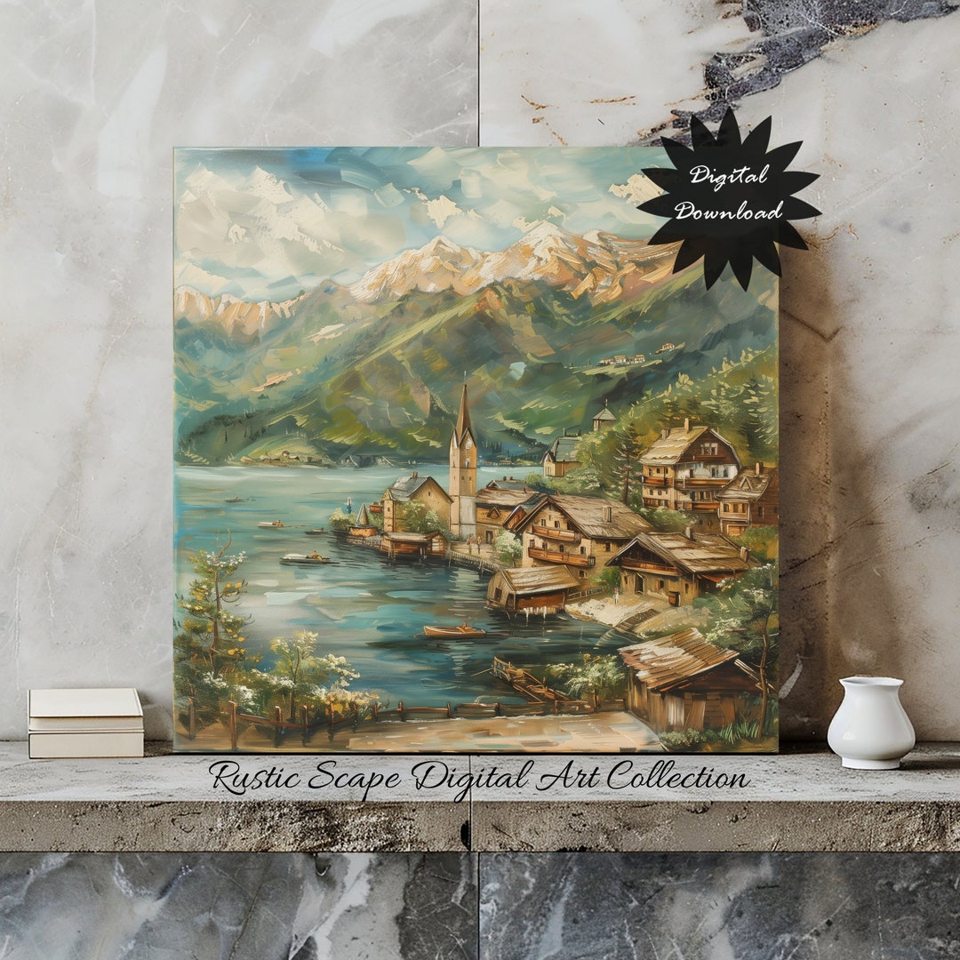 Alpine Village Digital Painting, Scenic Mountain Lake View Art - Etsy