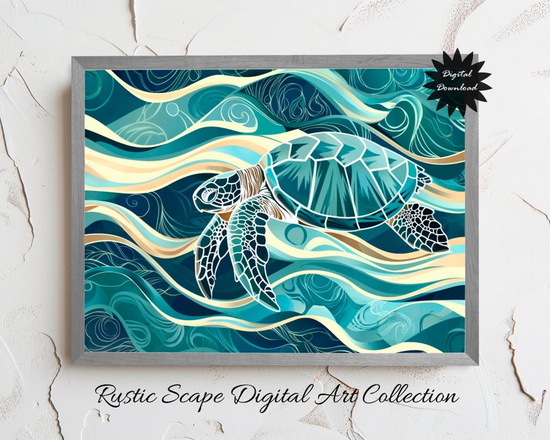 Abstract Sea Turtle Art, Digital Download, Printable Ocean Waves Wall ...