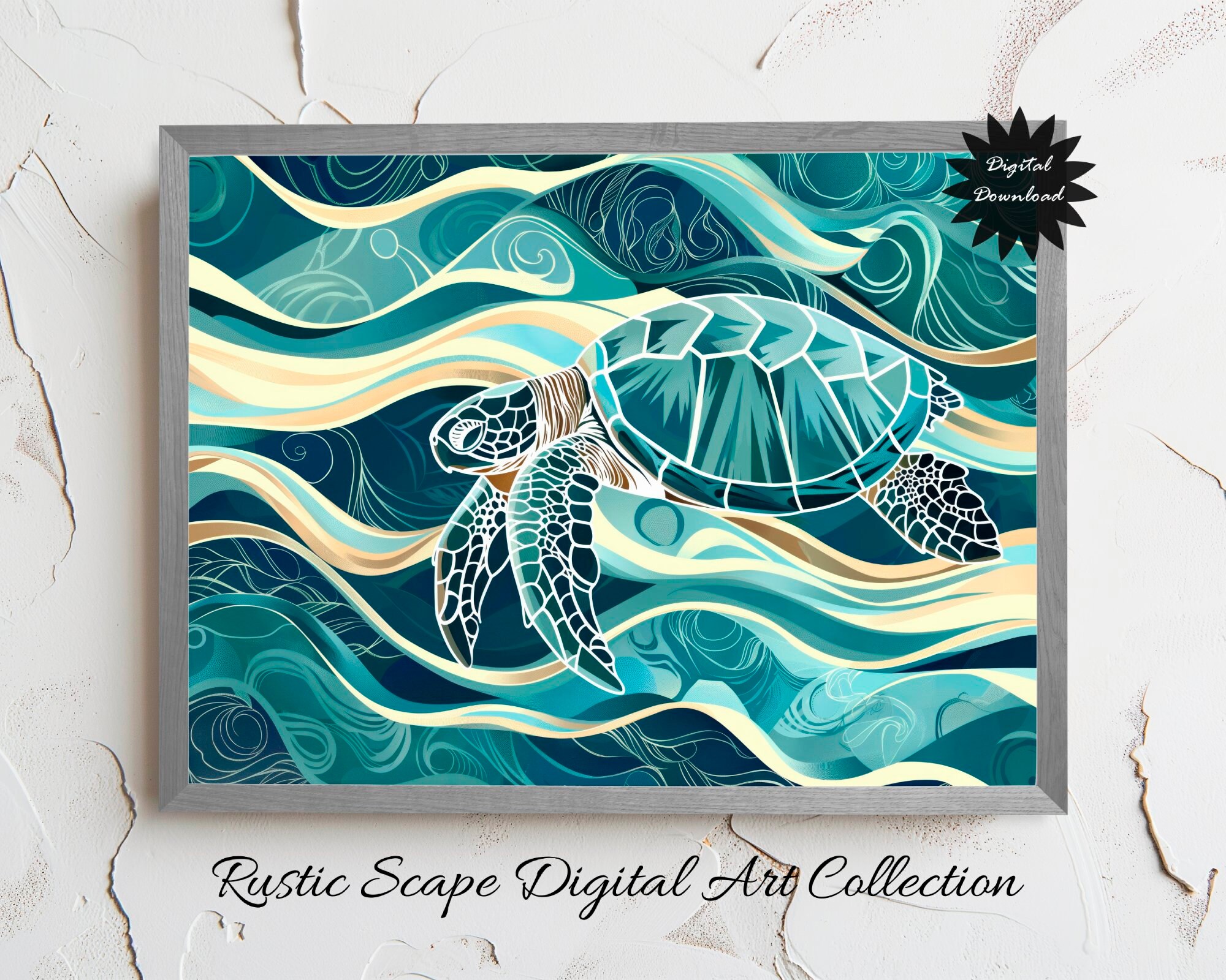 Abstract Sea Turtle Art, Digital Download, Printable Ocean Waves Wall ...