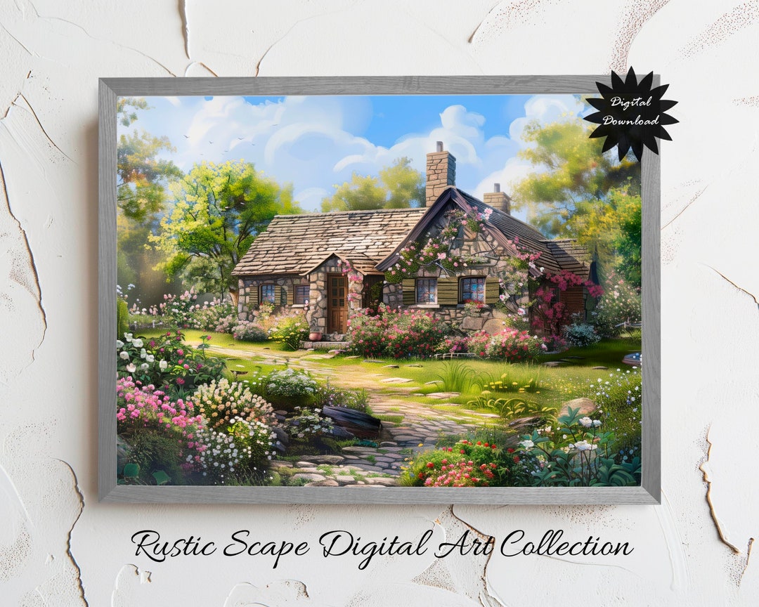 Cottagecore Digital Art Printable With Rustic Cottage Garden Landscape ...