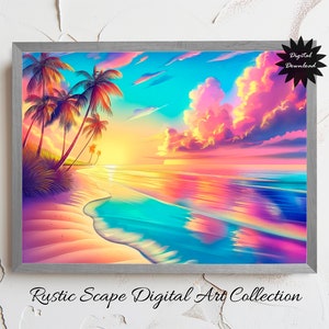 Tropical Beach Sunset Digital Art, Vibrant Coastal Landscape Instant ...