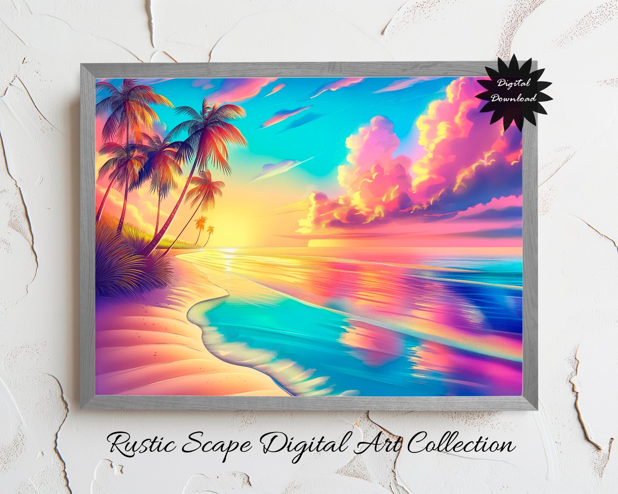 Tropical Beach Sunset Digital Art, Vibrant Coastal Landscape Instant ...