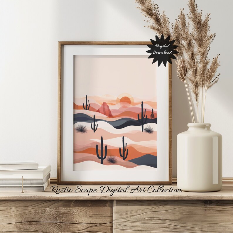 Boho Desert Sunset Wall Art, Printable Cactus Landscape Decor ...