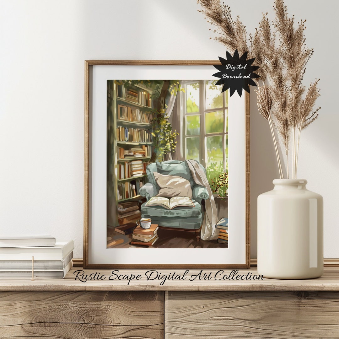 Cozy Reading Nook Digital Print, Cottagecore Library Room With Nature ...