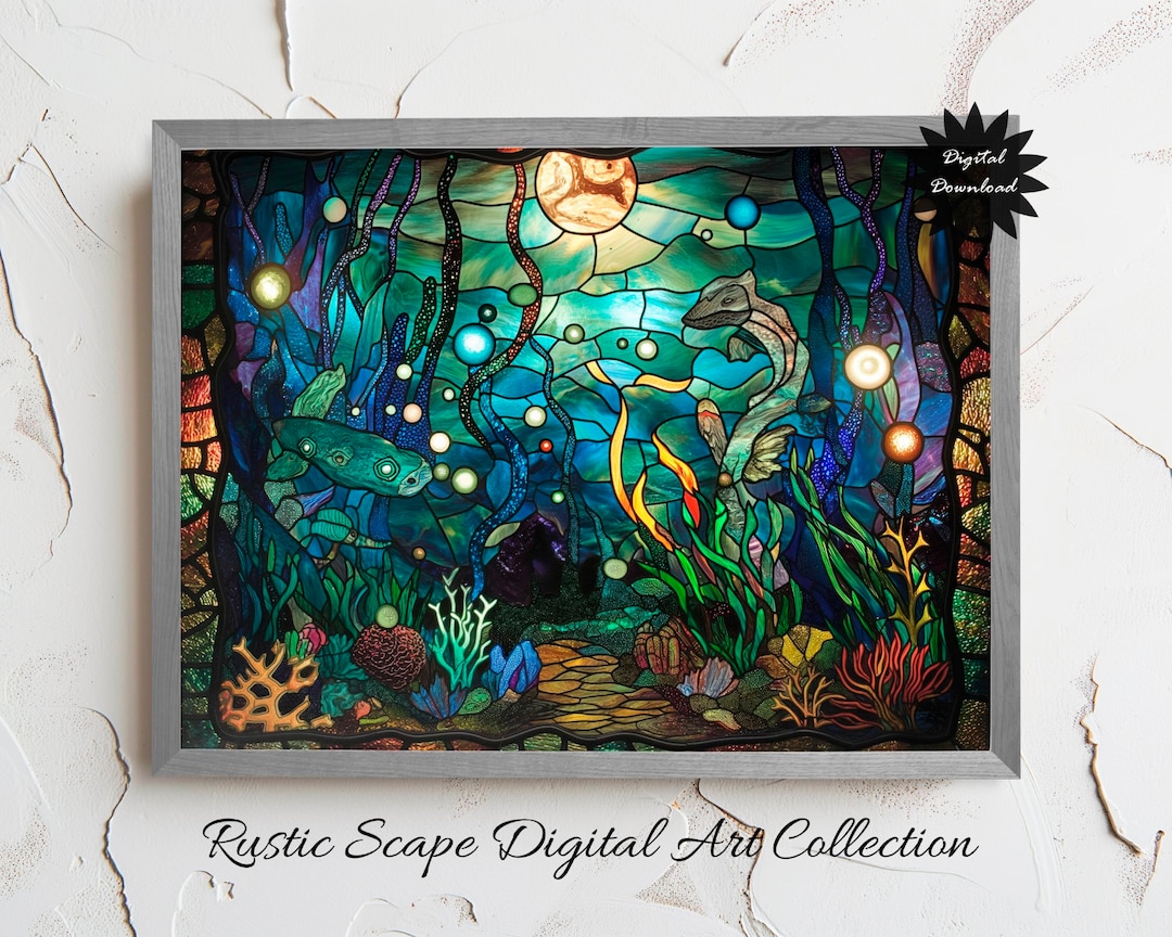 Stained Glass Ocean Scene Digital Art Download, Vibrant Underwater Life ...
