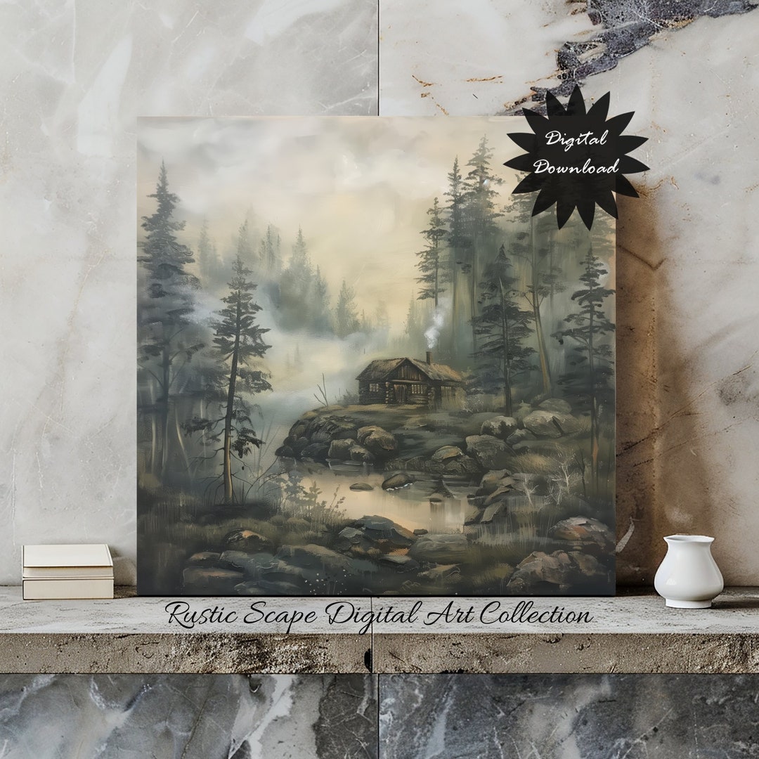 Rustic Cabin Landscape Digital Painting, Misty Forest Scenery With Lake ...