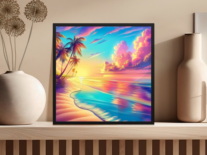 Tropical Beach Sunset Digital Art, Vibrant Coastal Landscape Instant ...