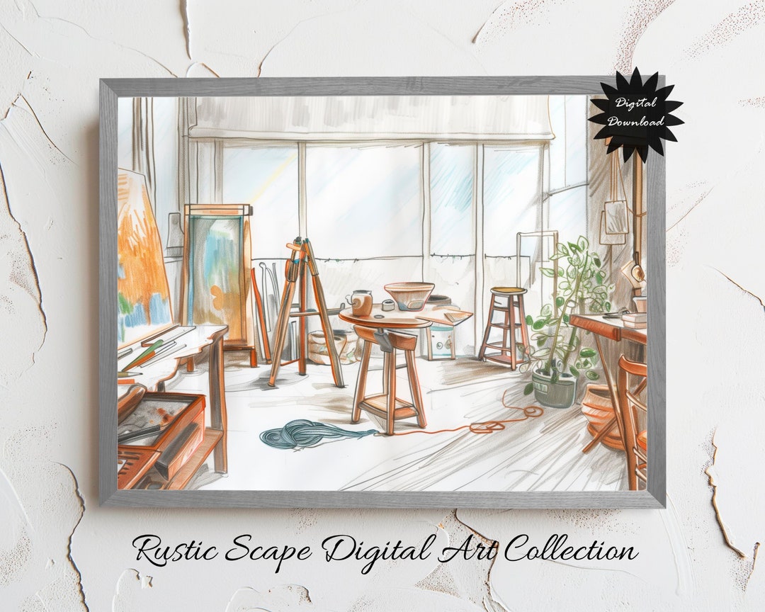 Rustic Art Studio Illustration, Digital Print, Instant Download, Cozy ...