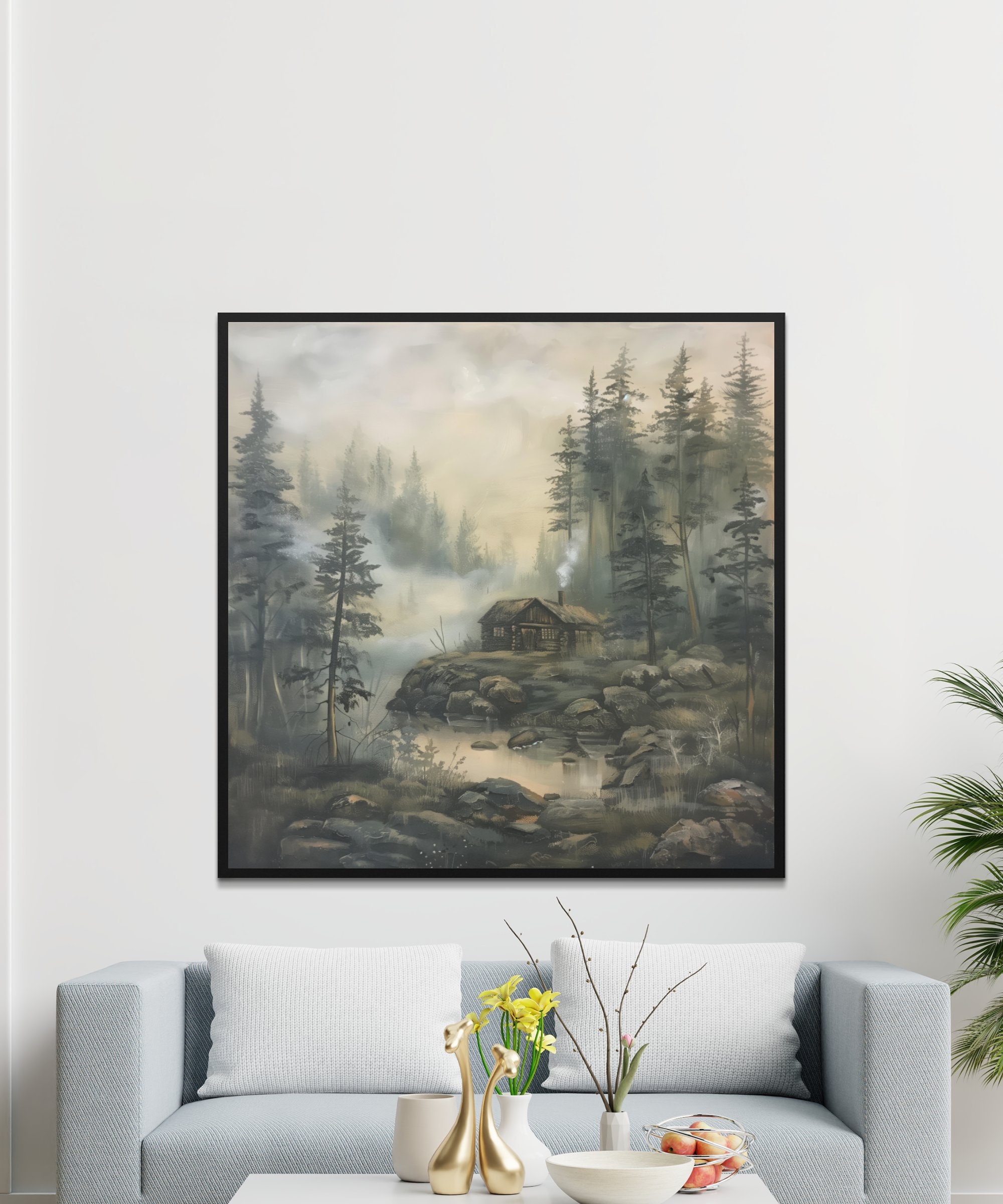 Rustic Cabin Landscape Digital Painting, Misty Forest Scenery With Lake ...