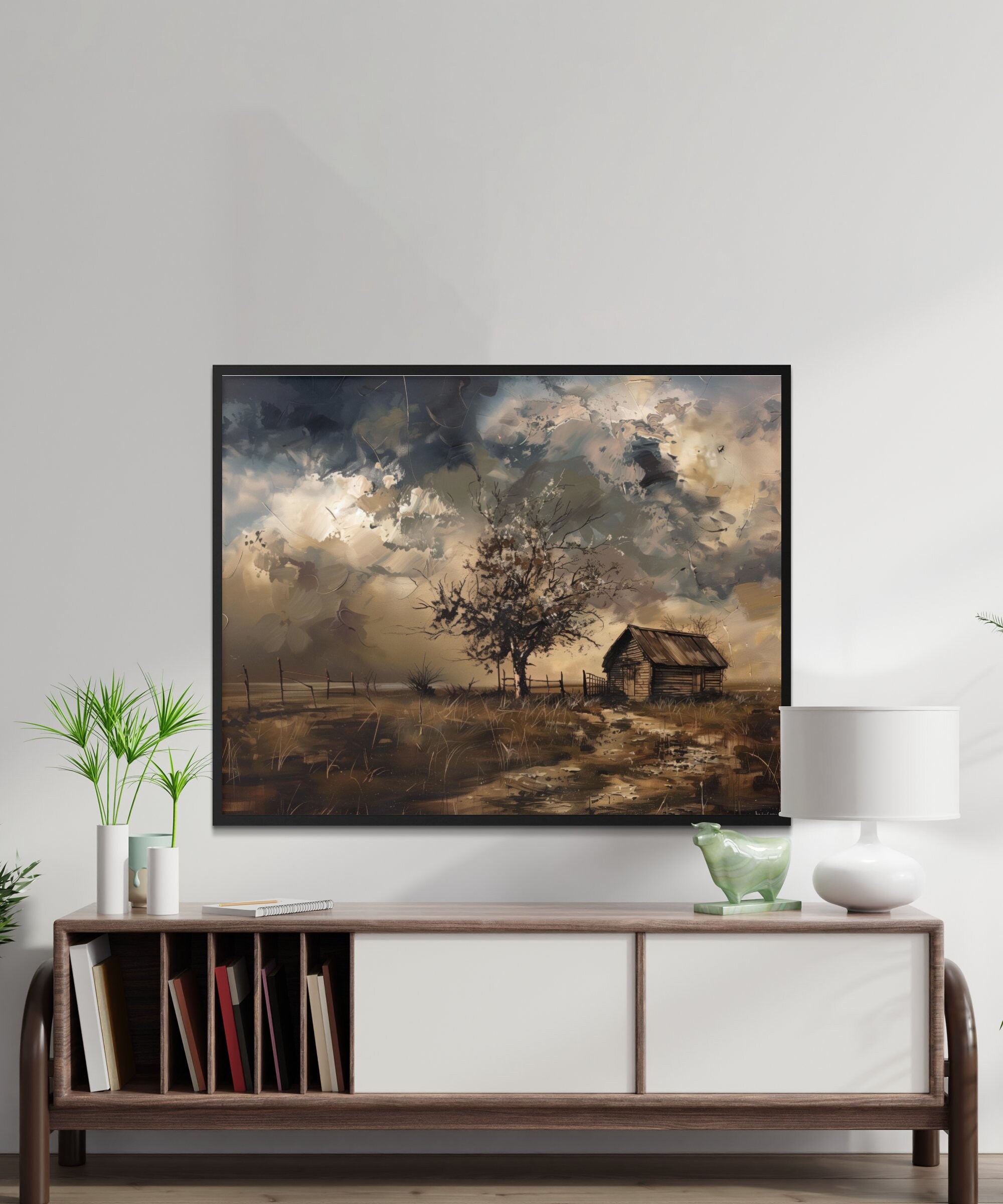 Rustic Cabin Landscape Digital Art Print, Countryside Scenery ...