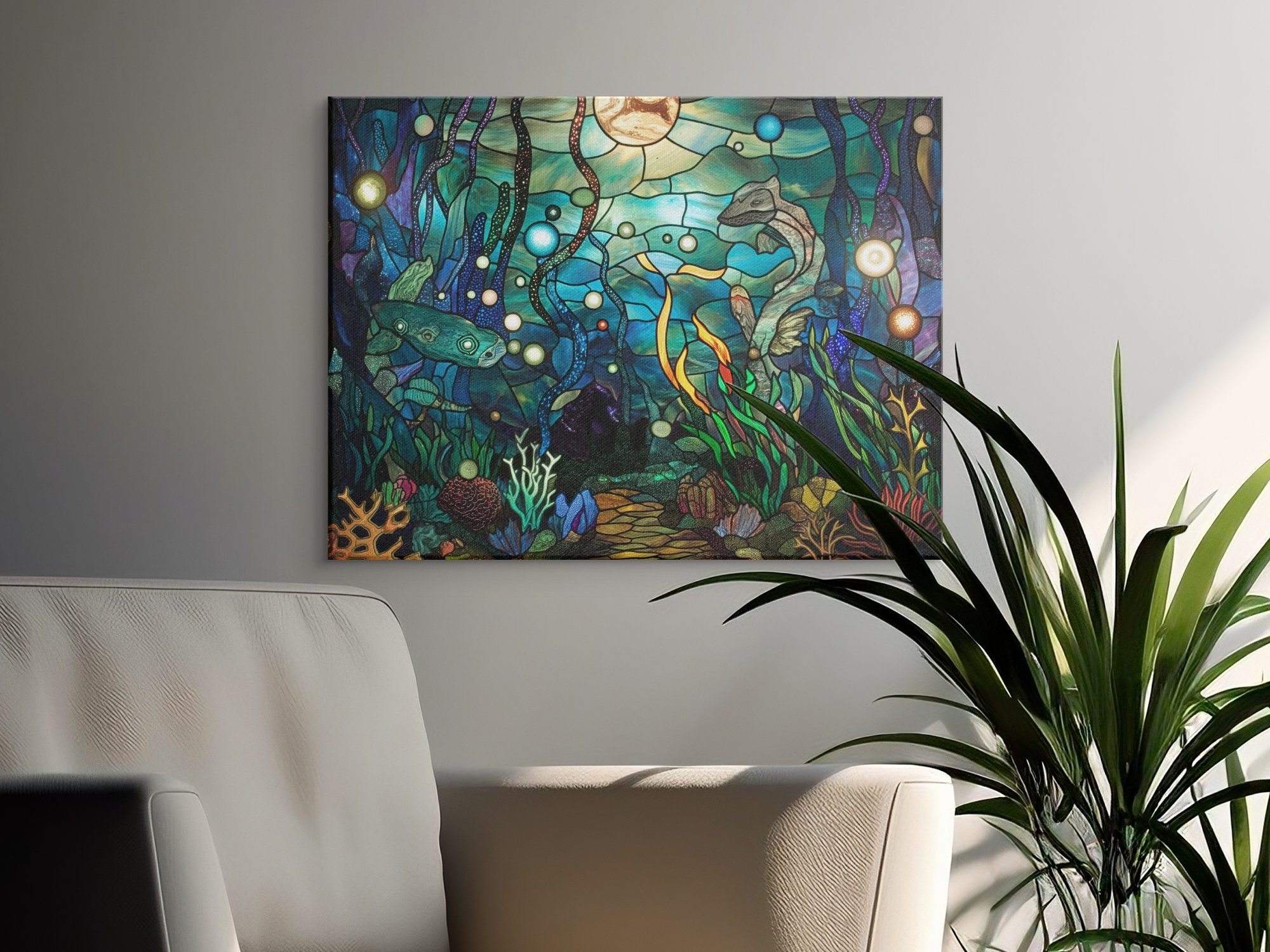 Stained Glass Ocean Scene Digital Art Download, Vibrant Underwater Life ...