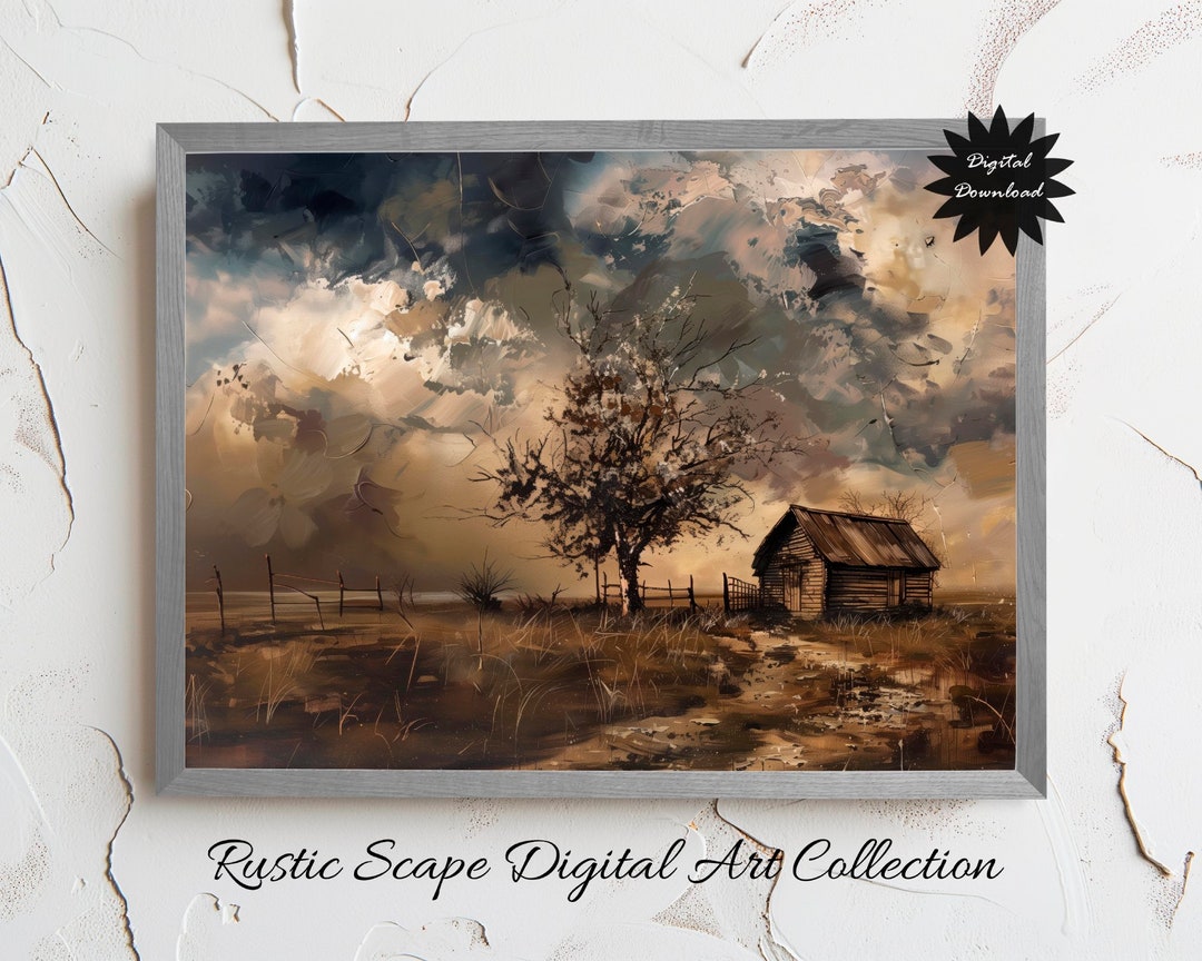 Rustic Cabin Landscape Digital Art Print, Countryside Scenery ...
