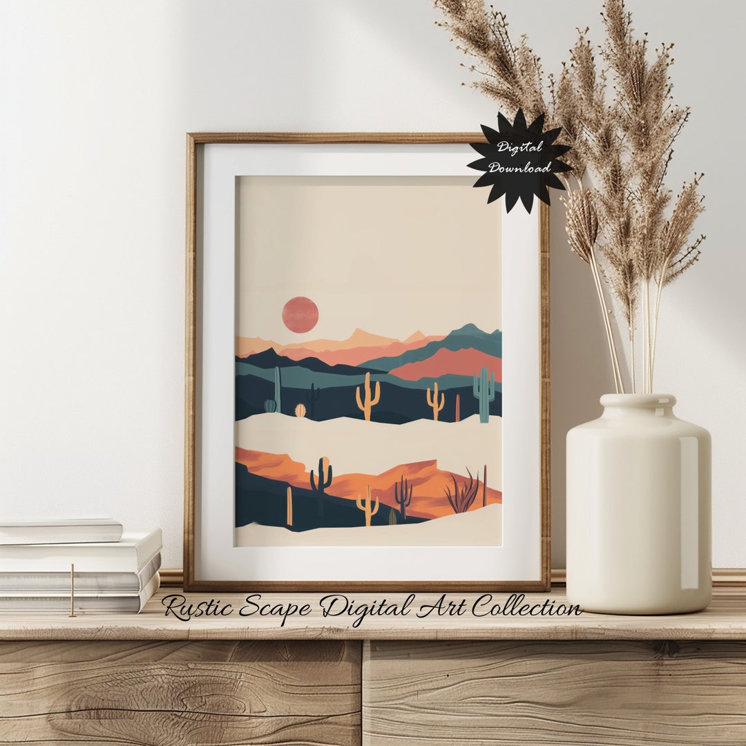 Boho Desert Art Print, Cactus Landscape Digital Download, Modern Wall ...