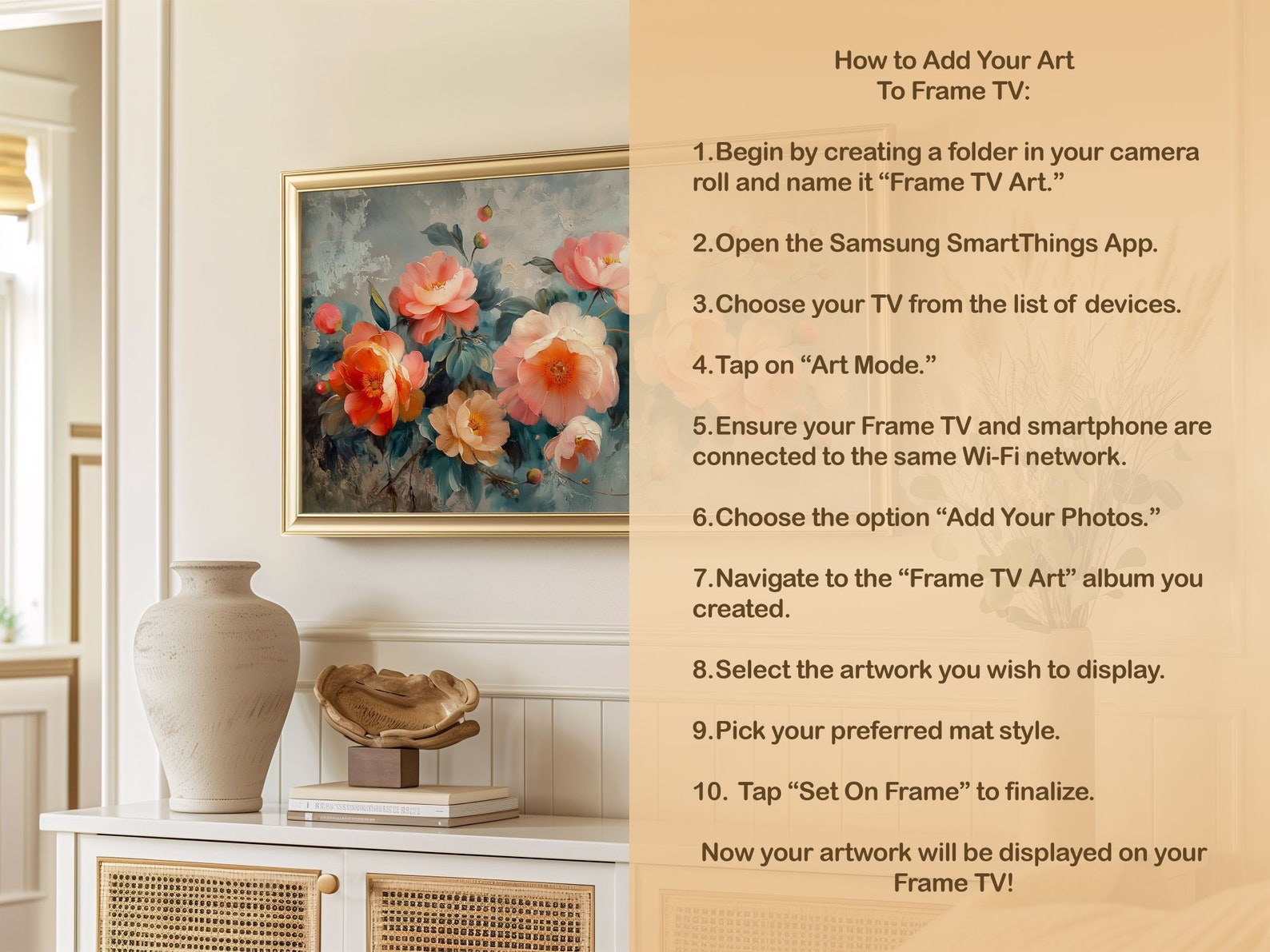 Frame TV Art Vintage Floral Digital Download Peach Blossoms Painting ...