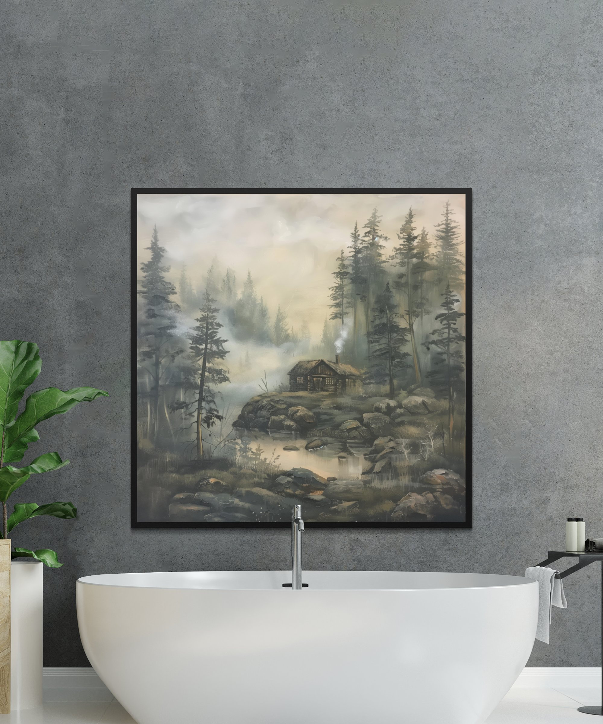Rustic Cabin Landscape Digital Painting, Misty Forest Scenery With Lake ...