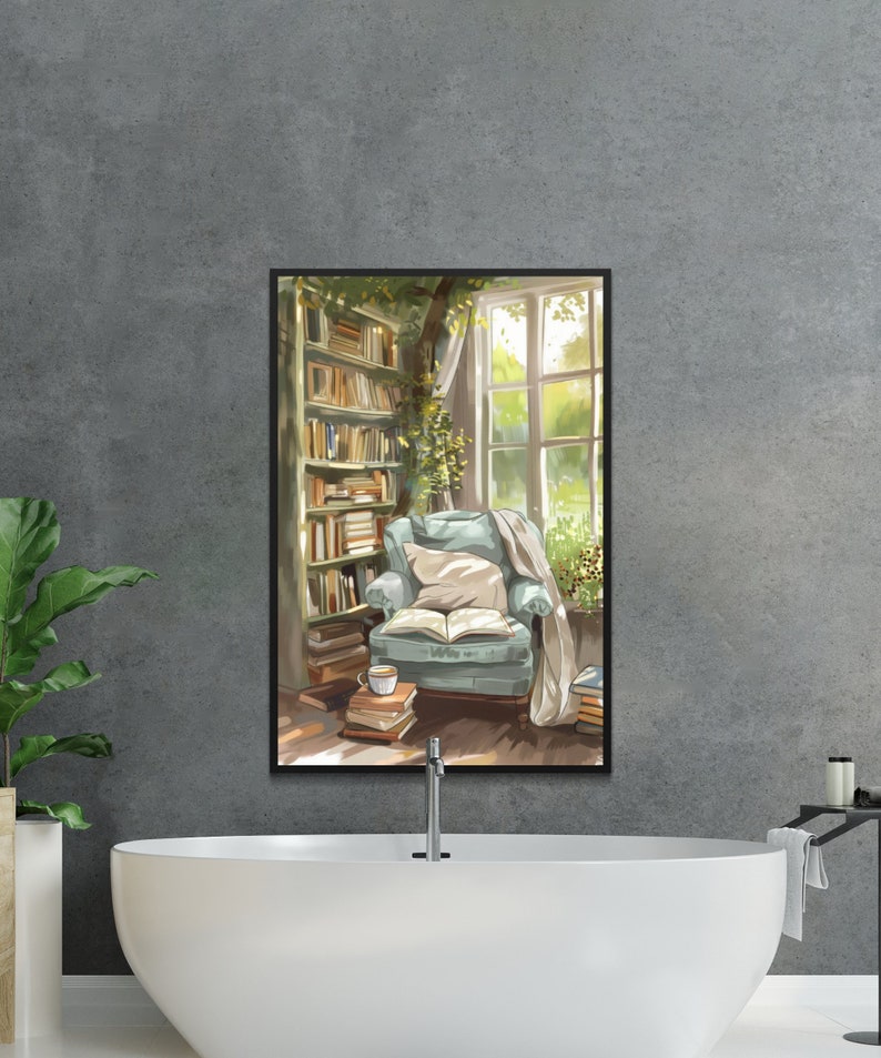 Cozy Reading Nook Digital Print, Cottagecore Library Room With Nature ...