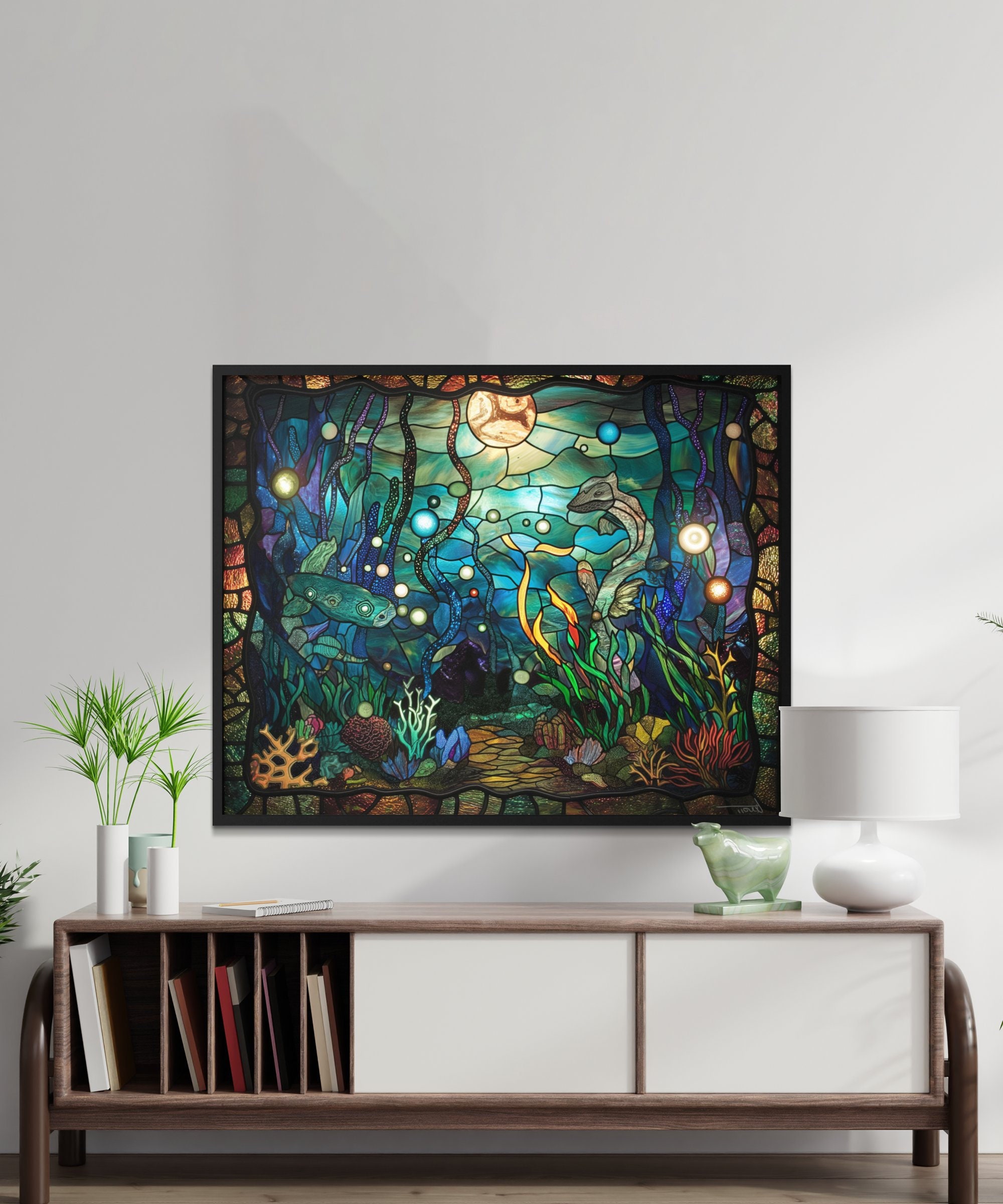 Stained Glass Ocean Scene Digital Art Download, Vibrant Underwater Life ...