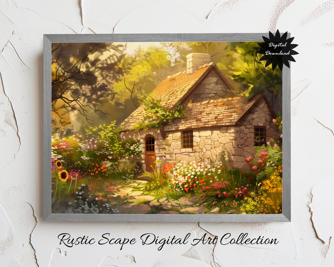 Enchanted Cottagecore Digital Art Print, Forest House Landscape ...