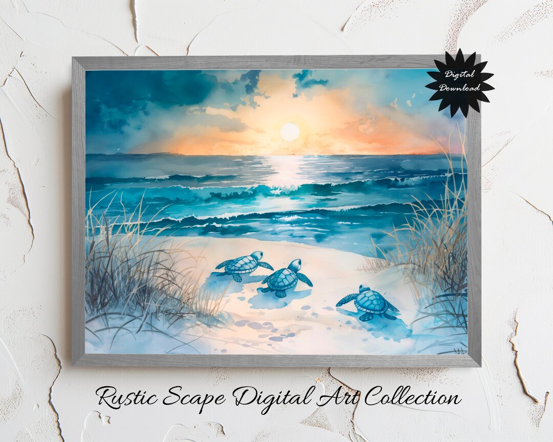 Beach Sunset Digital Print, Sea Turtle Artwork, Ocean Waves Home Decor ...