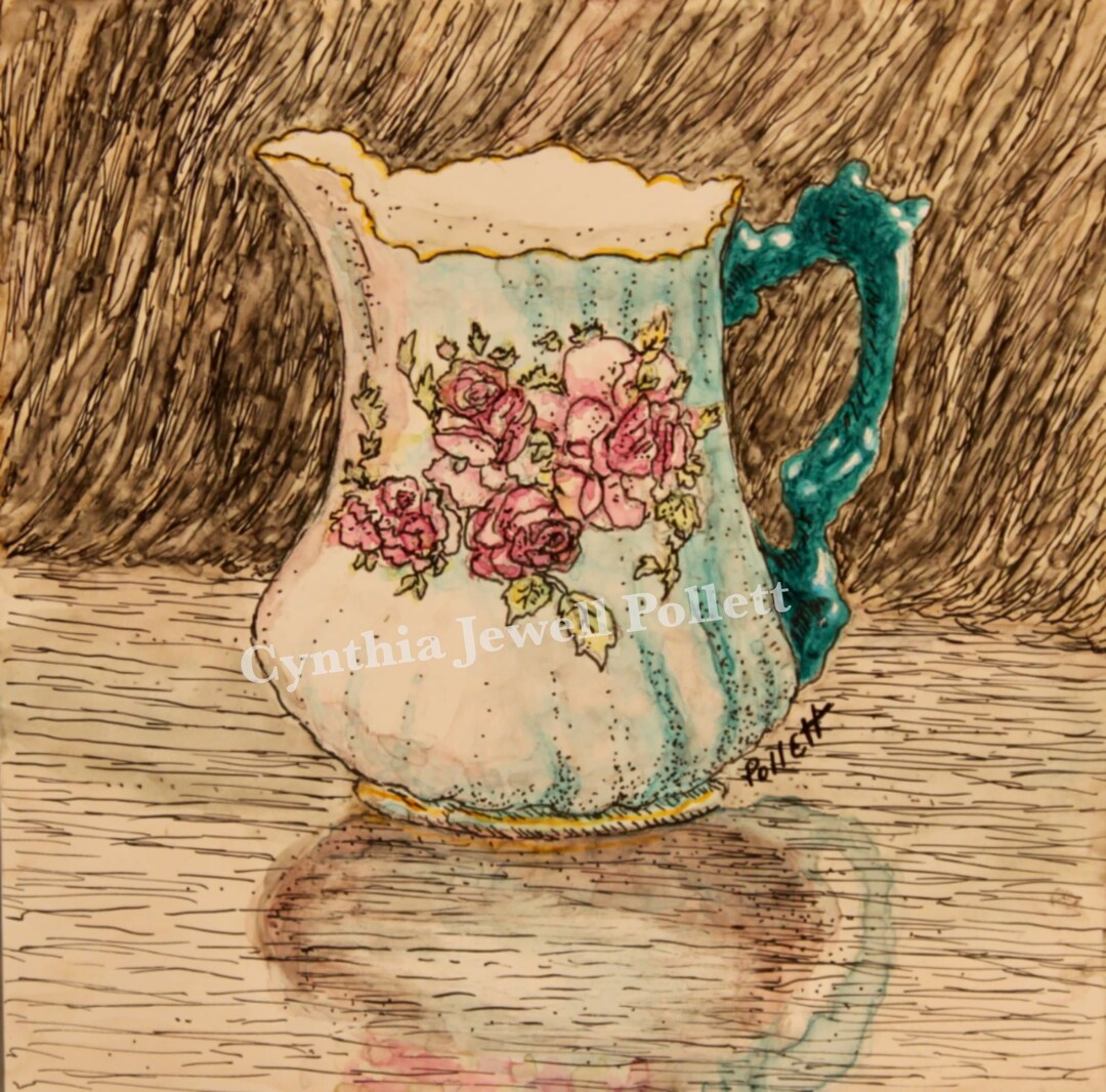 Jade and Rose Creamer, Pen and Ink, Watercolor Original Artwork by ...
