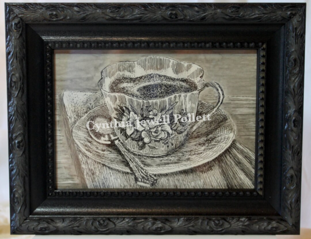 Tea Time With Spoon, Pen and Ink Drawing, Framed - Etsy