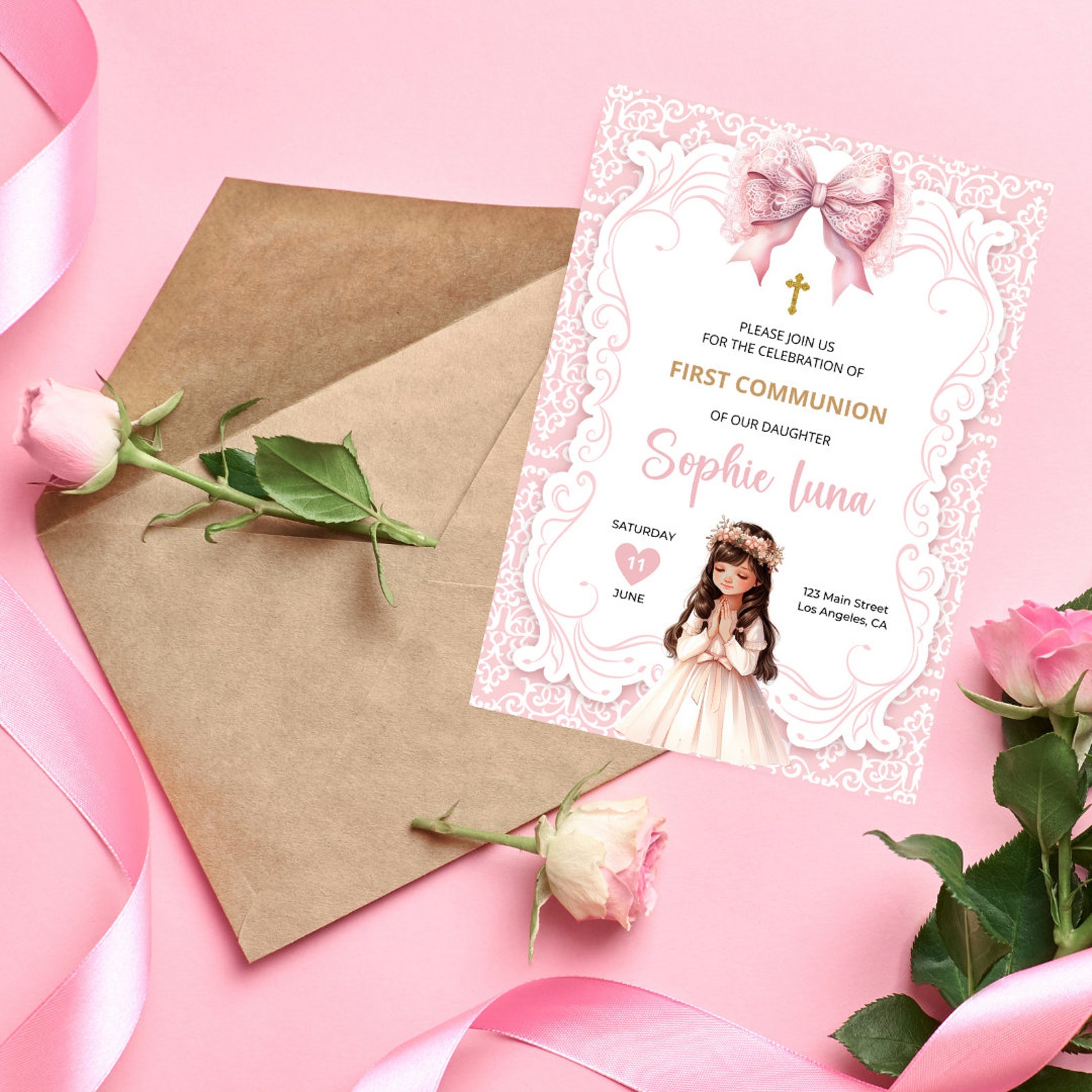 Editable First Holly Communion Invitation, Coquette Digital Invitation ...