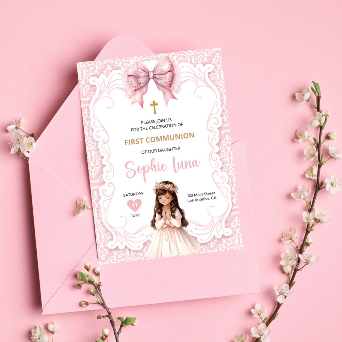 Editable First Holly Communion Invitation, Coquette Digital Invitation ...