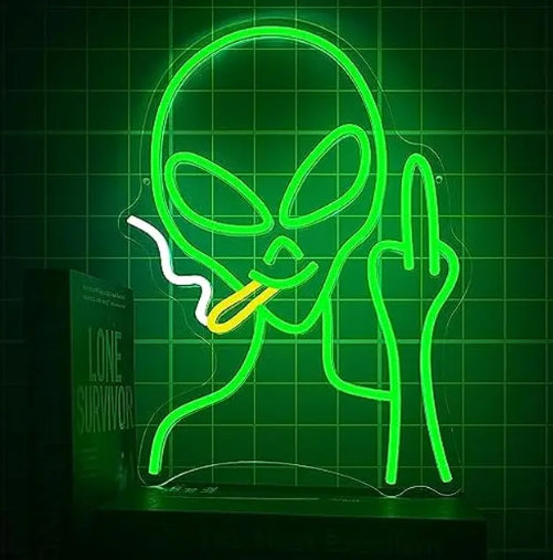 GREEN ALIEN SMOKING Neon Sign Alien Middle Finger Wall Decor Bedroom ...