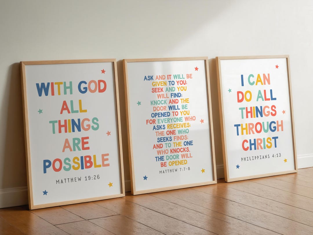 Set of 3 Colorful Children Bible Verse Wall Art for Kids Ministry Decor ...