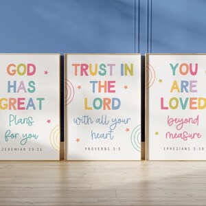 Set of 3 Colorful Children Bible Verse Wall Art for Kids Ministry Decor ...