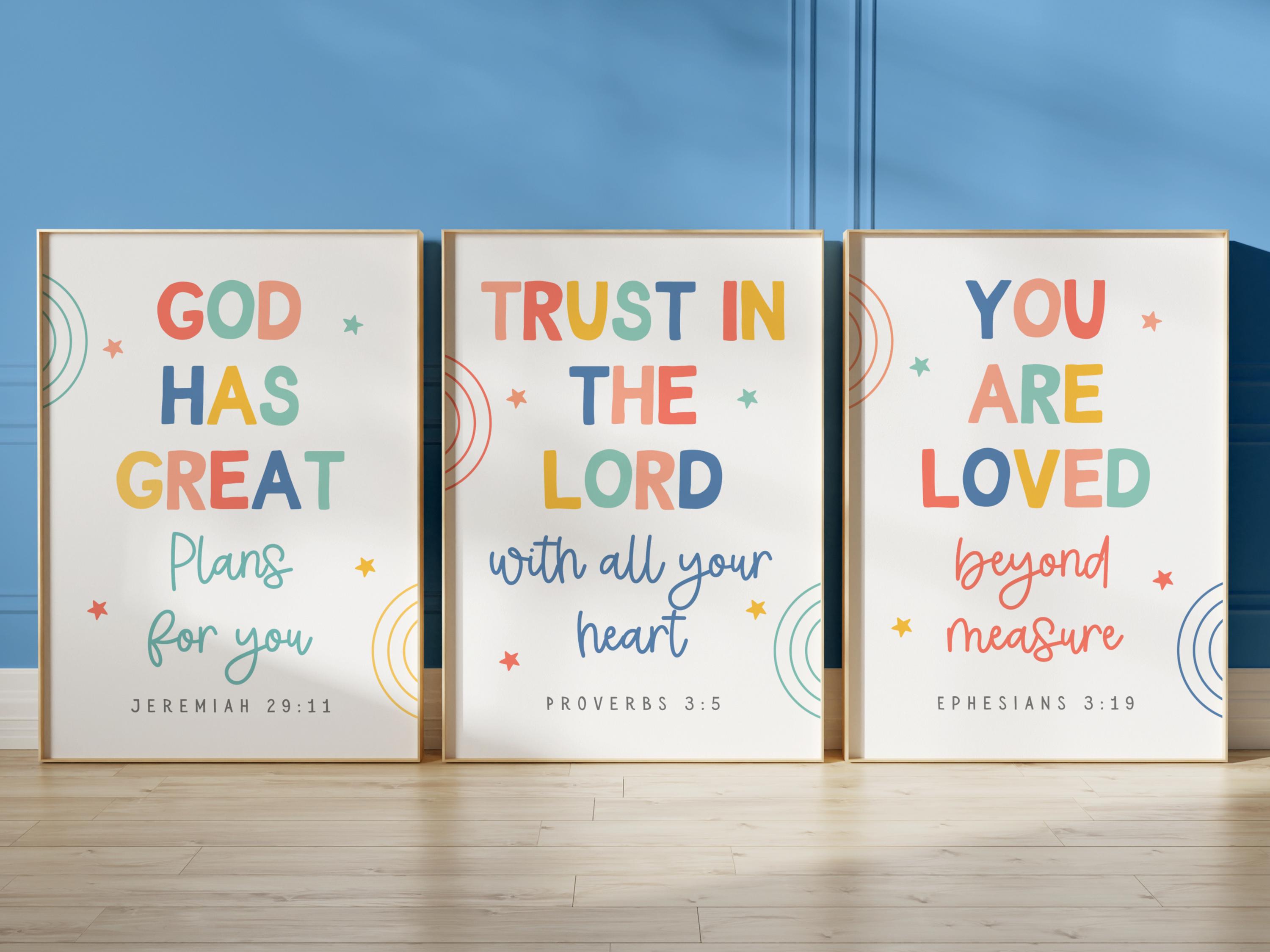 Set of 3 Colorful Children Bible Verse Wall Art for Kids Ministry Decor ...
