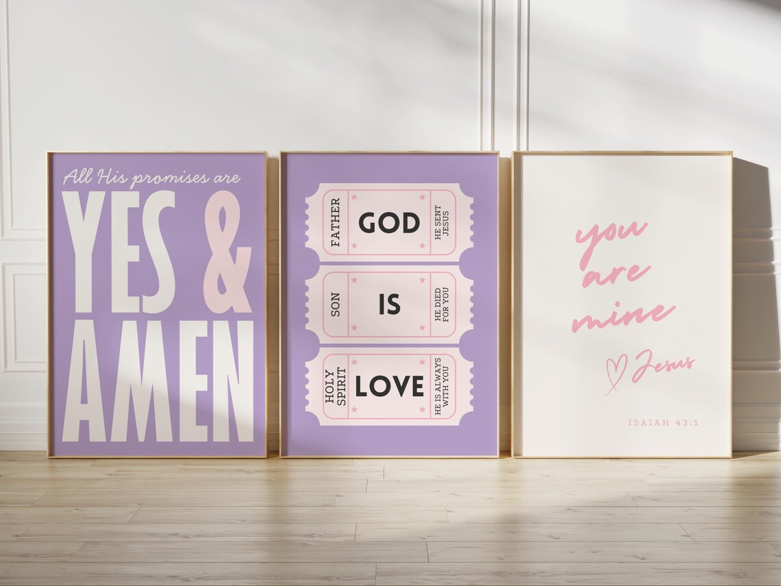 Set of 3 Purple Pink Girly Christian Wall Art Lavender God is Love ...
