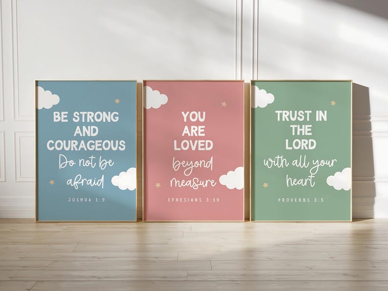 Set of 6 Colorful Children Bible Verse Wall Art Christian Playroom ...