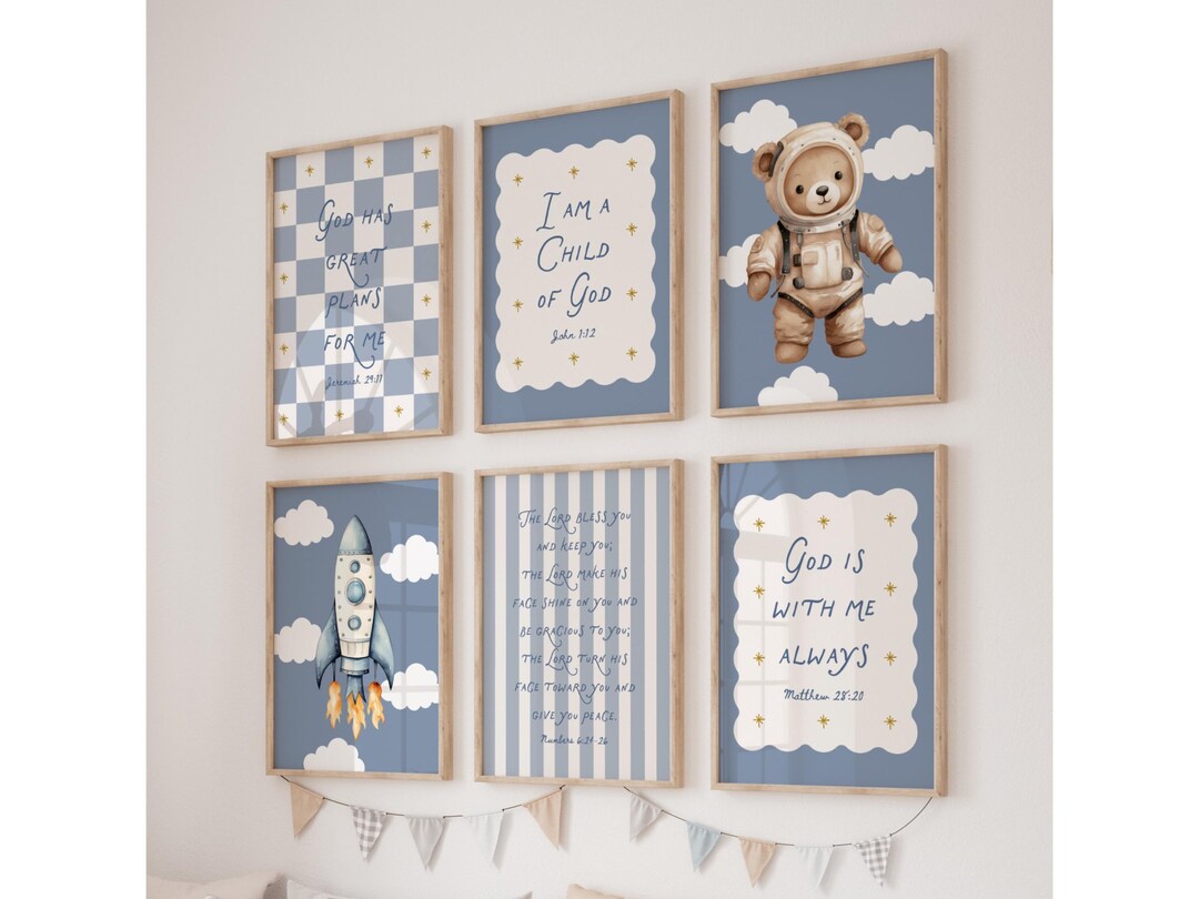 Set of 6 Navy Blue Christian Nursery Gallery Wall Art Set Christian ...