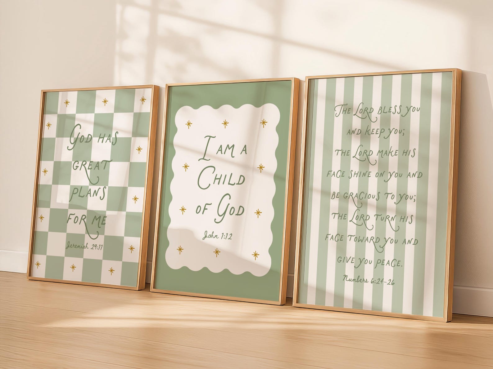 Set of 3 Green Children Bible Verse Wall Art Bible Affirmation for Kids ...