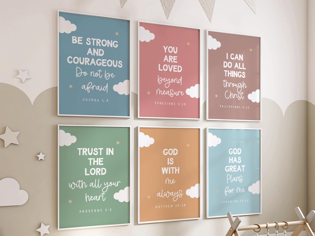 Set of 6 Colorful Children Bible Verse Wall Art Christian Playroom ...