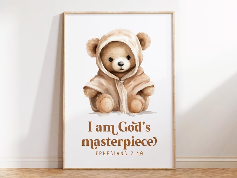 I Am Gods Masterpiece Teddy Bear Boho Christian Nursery Wall Art ...