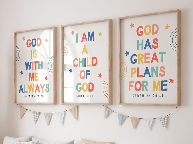 Set of 3 Colorful Children Bible Verse Wall Art Prints Christian ...