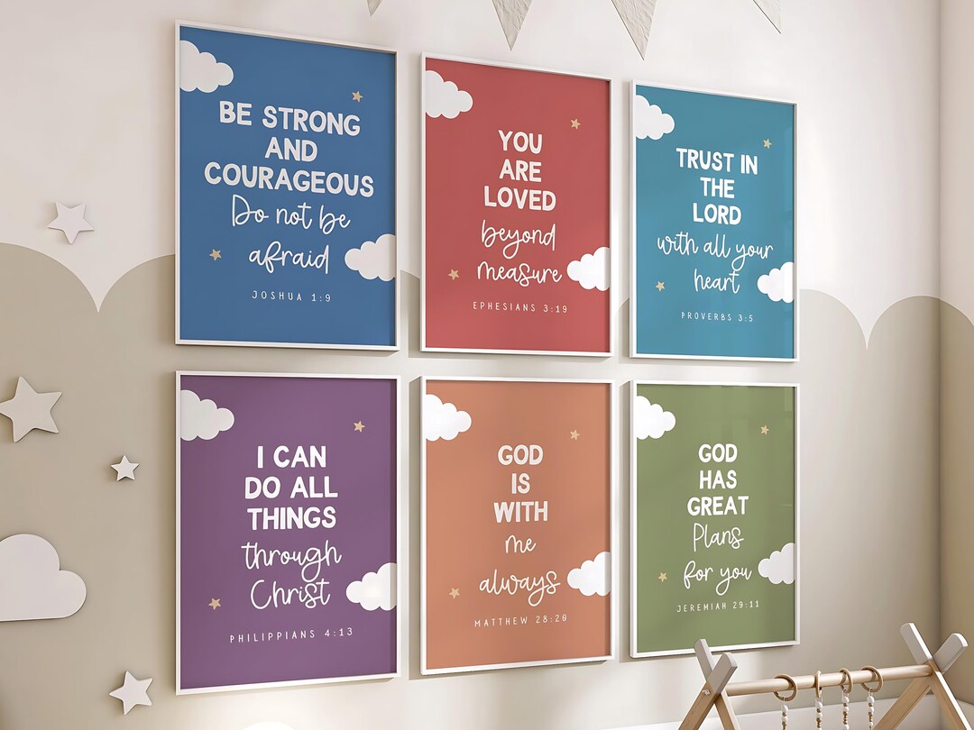 Set of 6 Colorful Children Bible Verse Wall Art Christian Playroom ...