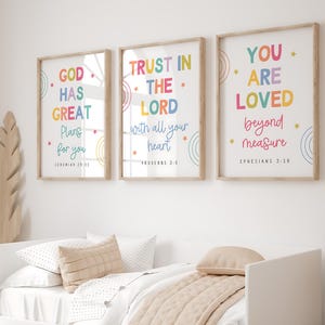 Set of 3 Colorful Children Bible Verse Wall Art for Kids Ministry Decor ...