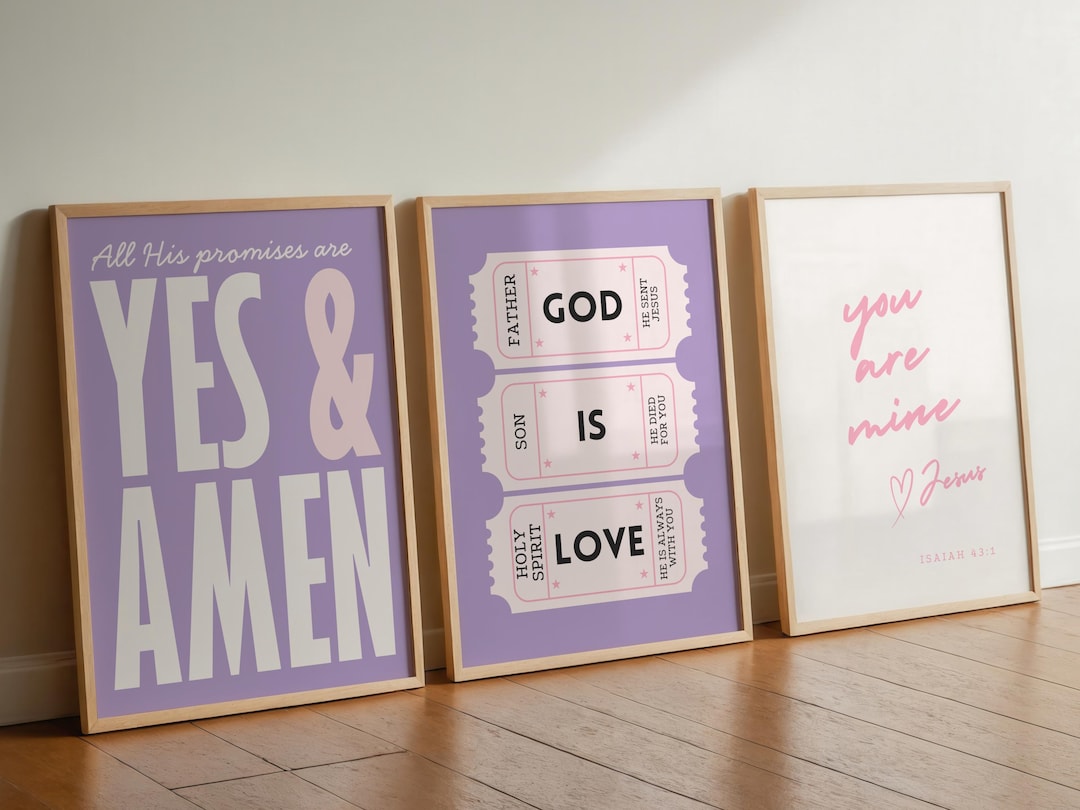Set of 3 Purple Pink Girly Christian Wall Art Lavender God is Love ...