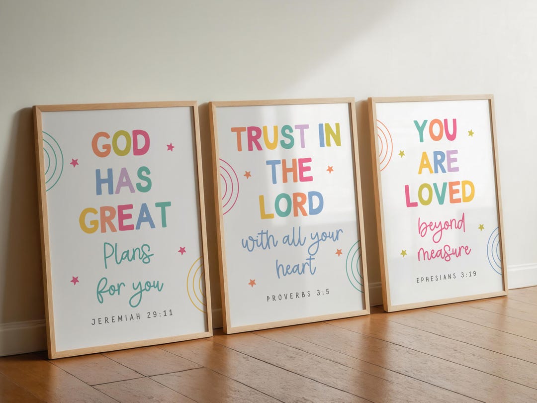 Set of 3 Colorful Children Bible Verse Wall Art for Kids Ministry Decor ...