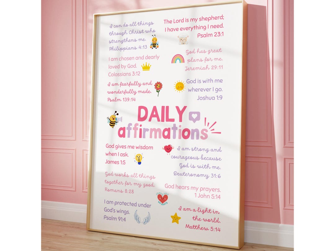Pink & Purple Daily Bible Affirmations for Kids Girly Christian Wall ...