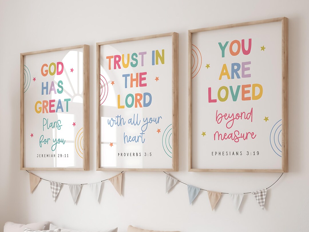 Set of 3 Colorful Children Bible Verse Wall Art for Kids Ministry Decor ...