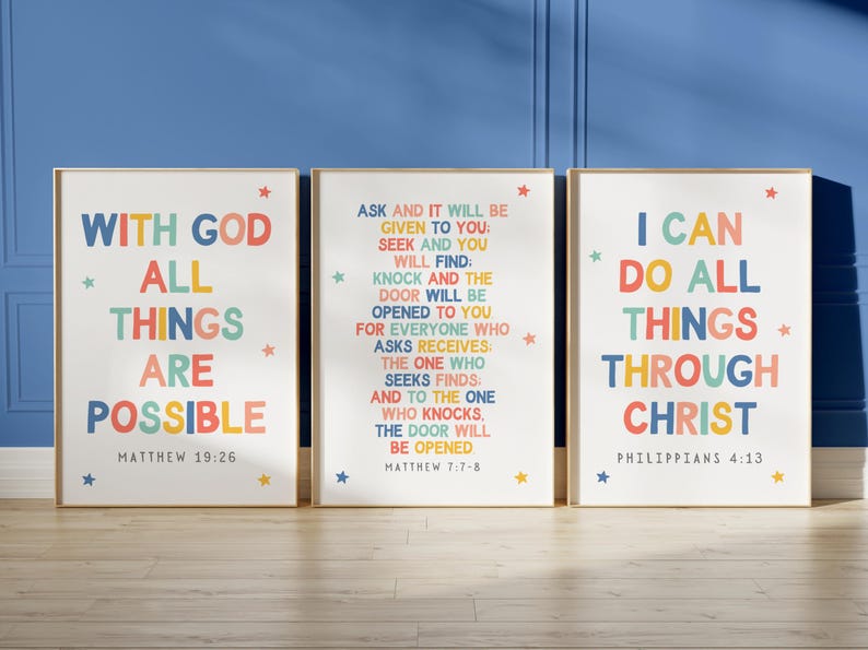 Set of 3 Colorful Children Bible Verse Wall Art for Kids Ministry Decor ...