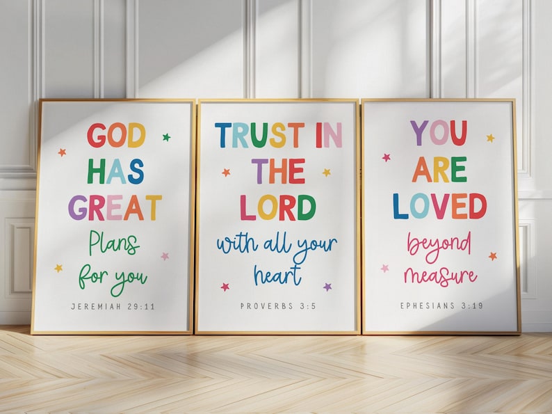 Set of 3 Colorful Children Bible Verse Wall Art for Kids Ministry Decor ...