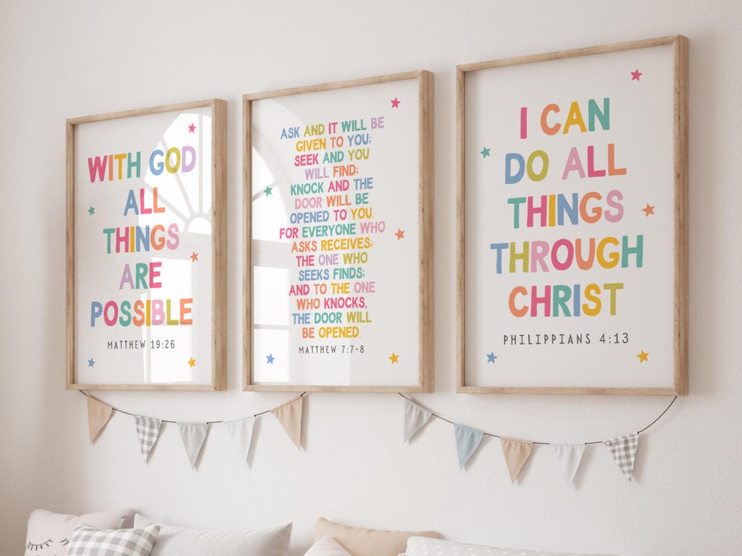 Set of 3 Colorful Children Bible Verse Wall Art for Kids Ministry Decor ...
