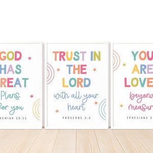 Set of 3 Colorful Children Bible Verse Wall Art for Kids Ministry Decor ...