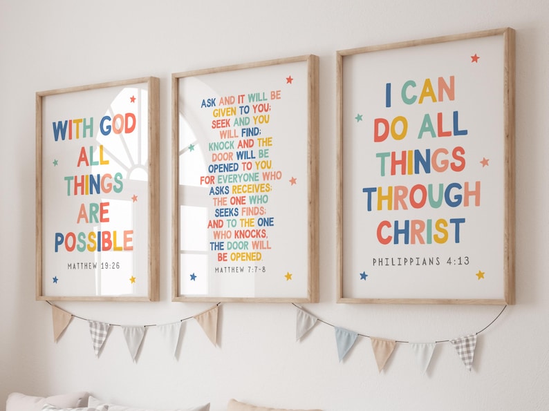 Set of 3 Colorful Children Bible Verse Wall Art for Kids Ministry Decor ...