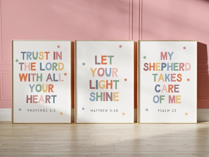 Set of 3 Colorful Children Bible Verse Wall Art for Kids Ministry Decor ...